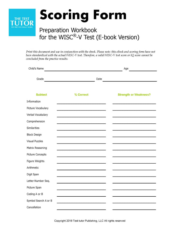 WISC-V E-Book Scoring Form - The Test Tutor